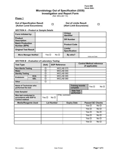Microbiology Out of Specification (OOS) Investigation and Report Form