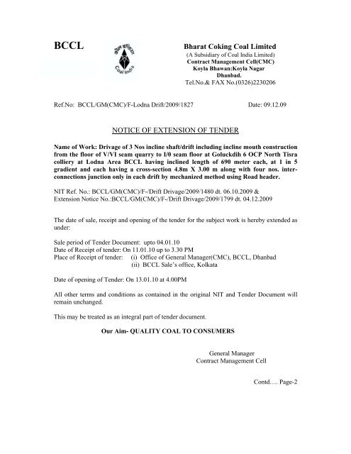 Bharat Coking Coal Limited NOTICE OF EXTENSION OF TENDER