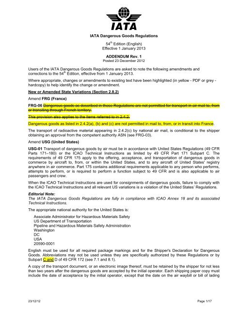 IATADGR 54th Edition Addendum 1 - Dandybooksellers.com