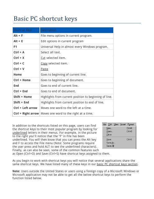 Basic PC shortcut keys