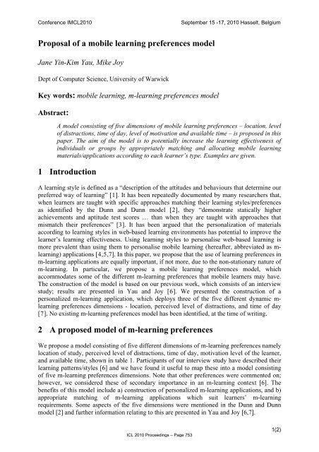 Proposal of a mobile learning preferences model 1 Introduction ... - ICL