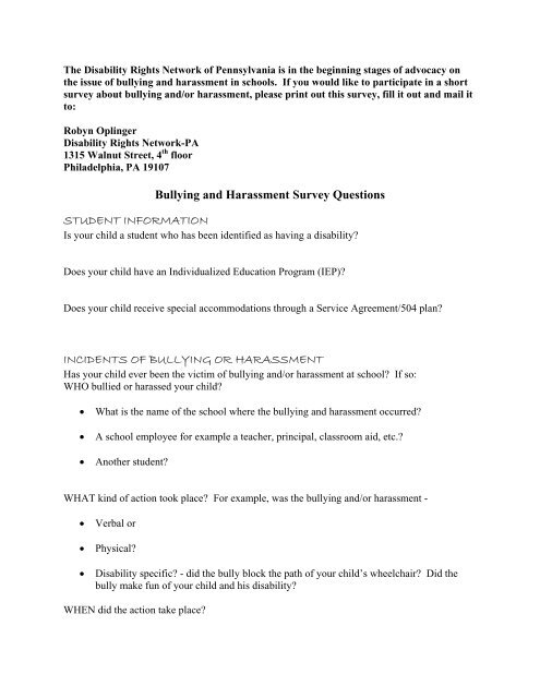 Bullying and Harassment Survey Questions - Disability Rights ...