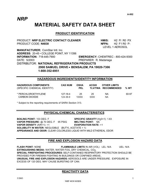 nrp material safety data sheet - National Refrigeration Products