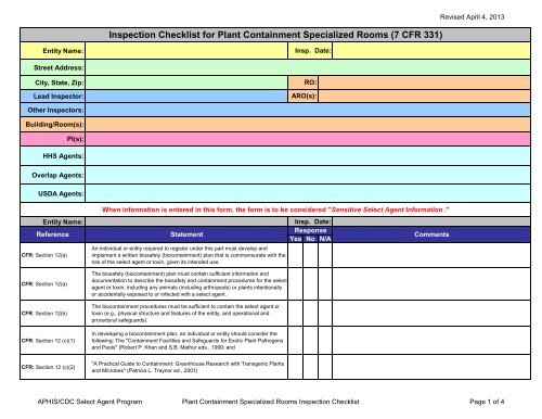 Plant Containment Checklist - Select Agent Program