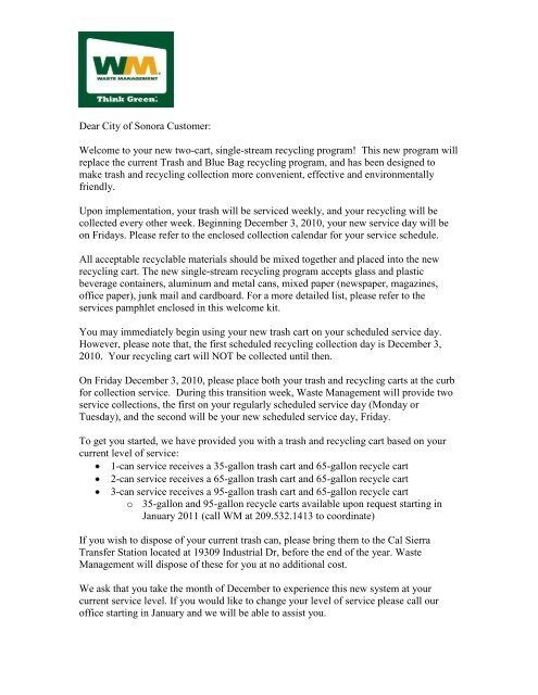 Program Welcome Letter and Information - Waste Management