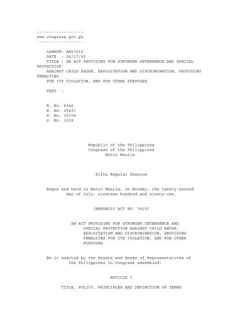 Republic Act No. 7610 - An Act Providing for Stronger Deterrence