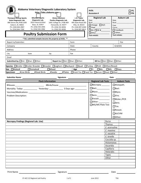 Poultry Submission Form - The Alabama Veterinary Diagnostic ...