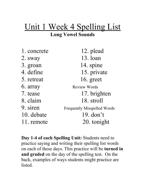 Unit 1 Week 4 Spelling List