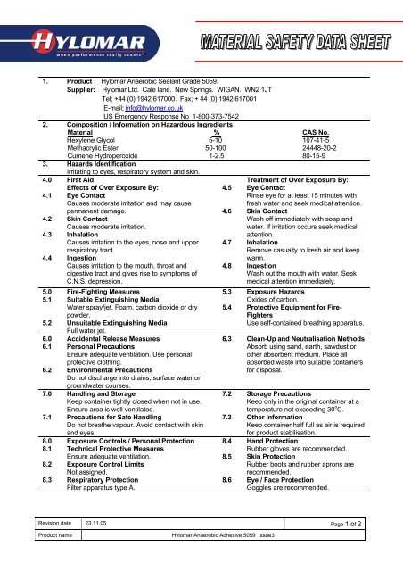 Hylomar Limited MSDS Sheet - Haldex