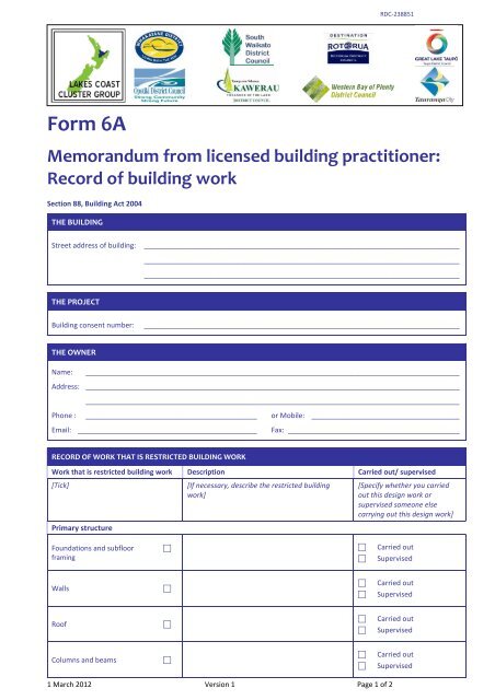 Form 6A: Memorandum from licensed building practitioner: Record ...