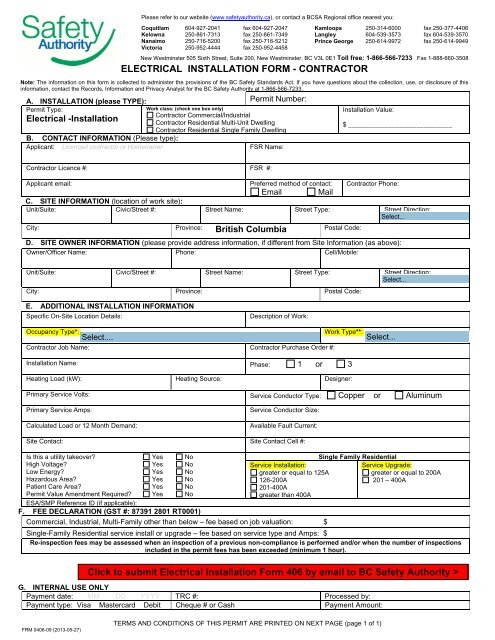 ELECTRICAL INSTALLATION FORM - BC Safety Authority