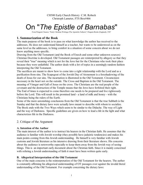 Paper on the Epistle of Barnabas