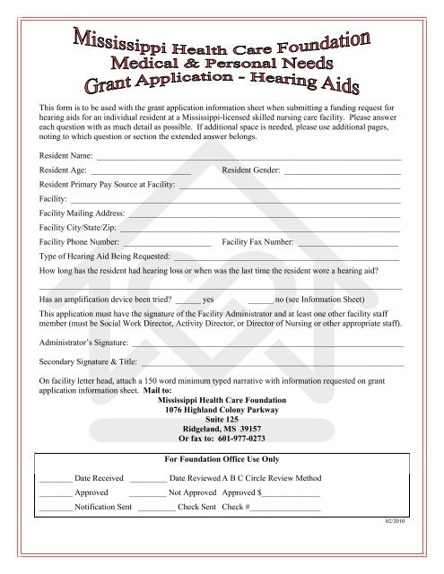 Complete Grant Application form - Mississippi Health Care Association