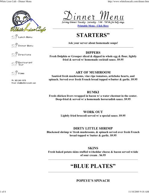 White Lion Cafe - Dinner Menu