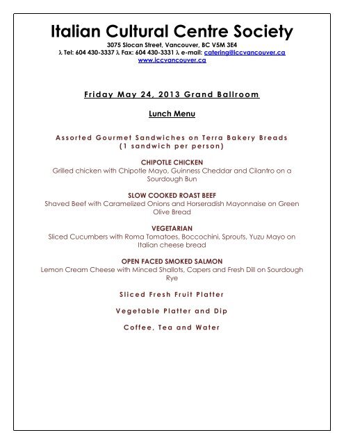 Italian Cultural Centre Menus for Friday Lunch and Dinner, Saturday ...