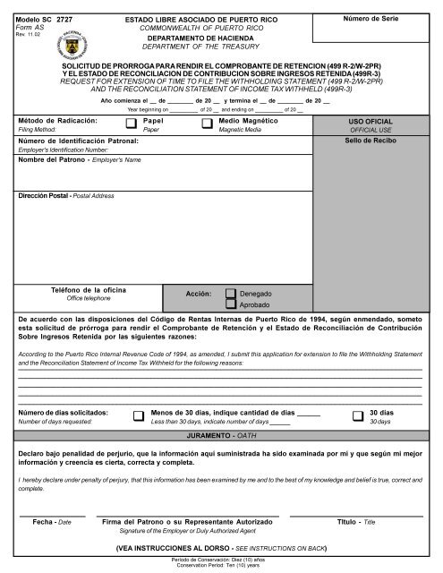 Modelo SC 2727 - Departamento de Hacienda