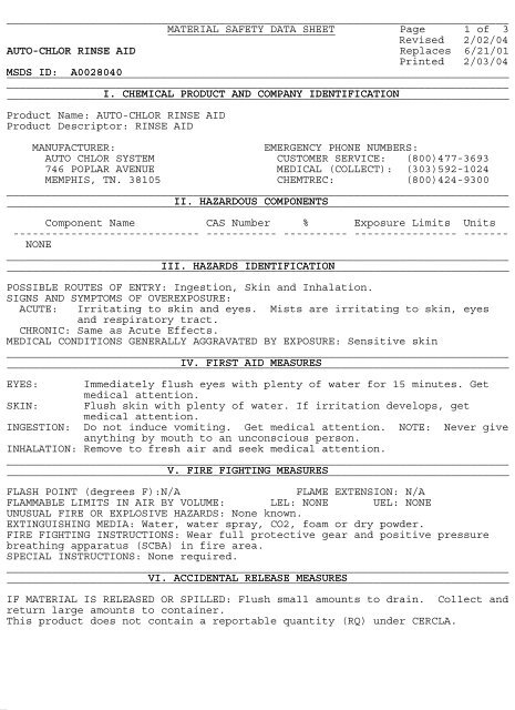 AUTO-CHLOR RINSE AID (US Institutional MSDS ... - Mpsi20.org