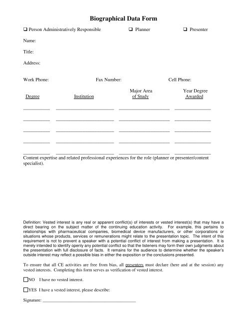 Biographical Data Form - Msic