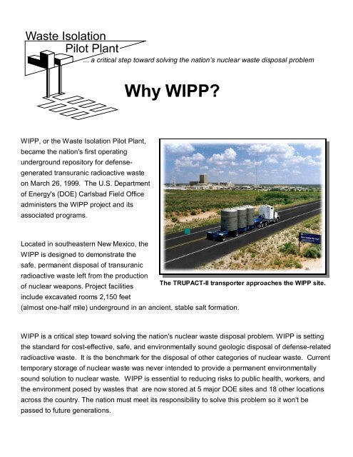 Why WIPP? - Fact Sheet - Waste Isolation Pilot Plant - U.S.