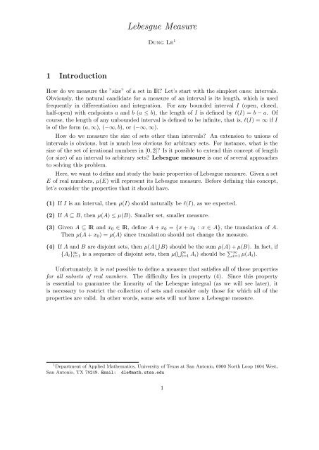 Lebesgue Measure - Mathematics at The University of Texas at San ...
