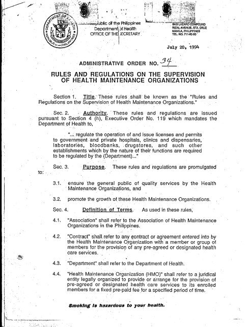 Administrative Order No. 34 s. 1994 - DOH