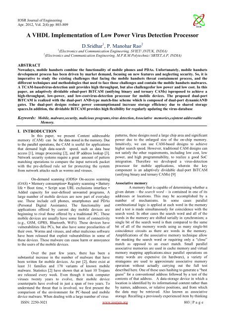 A VHDL Implementation of Low Power Virus Detection ... - IOSRJEN
