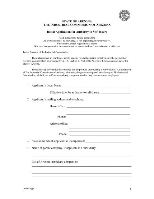 Self-Insurance Application Form (PDF) - Industrial Commission of ...
