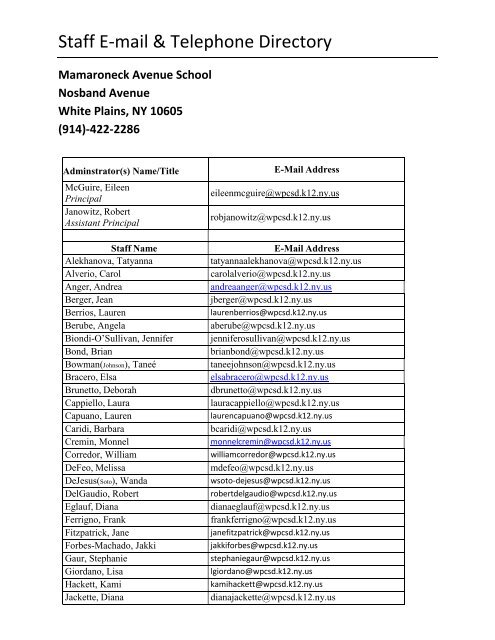 Staff E-mail & Telephone Directory - White Plains Public Schools