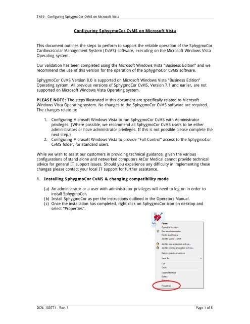 Configuring SphygmoCor CvMS on Microsoft Vista ... - AtCor Medical