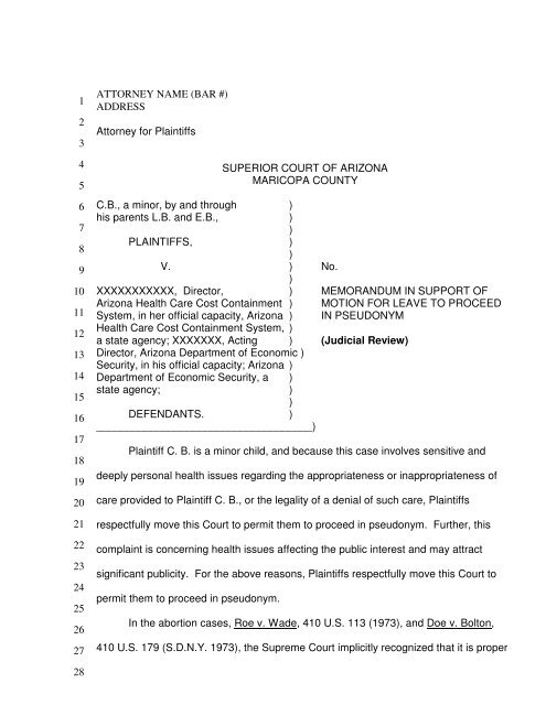 Memorandum Motion for Leave to Proceed in ... - AZLawHelp.org
