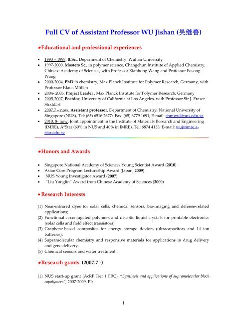 Full CV of Assistant Professor WU Jishan - Department of Chemistry