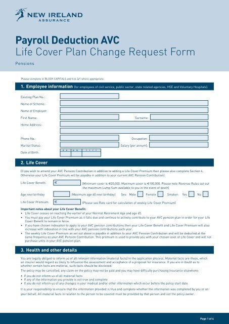 Payroll Deduction AVC Life Cover Plan Change Request Form