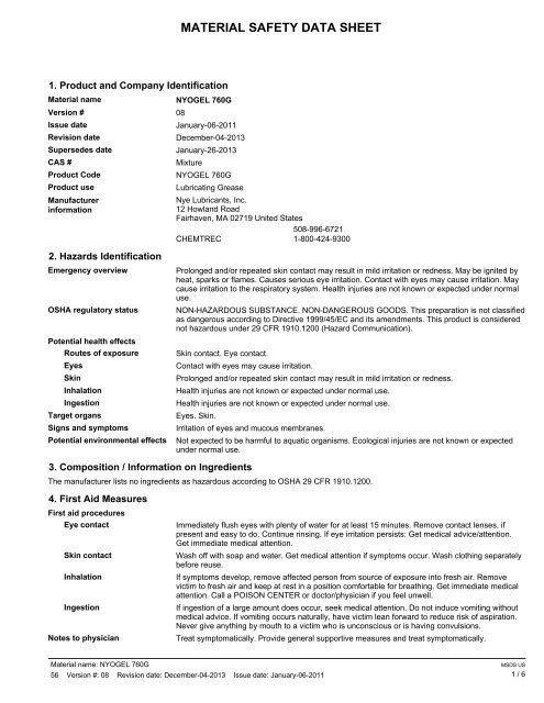MATERIAL SAFETY DATA SHEET - Nye Lubricants, Inc.