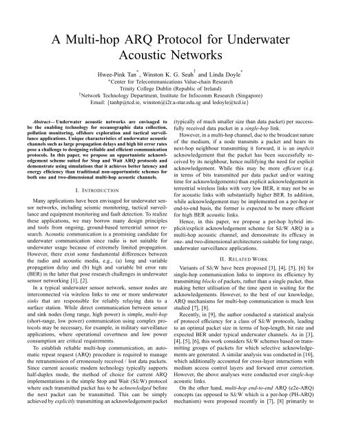 A Multi Hop Arq Protocol For Underwater Acoustic Networks