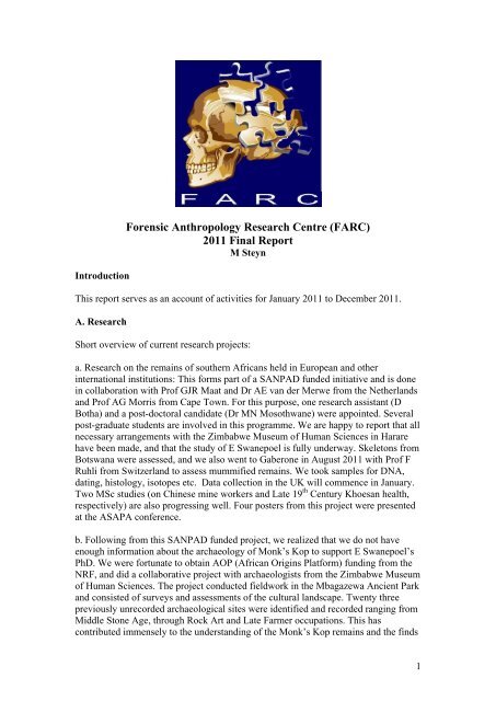 Report of the Forensic Anthropology Research Centre (FARC)