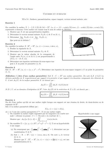 Surfaces, paramétrisation, espace tangent, vecteur ... - cuestamath