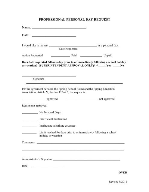 Professional Personal Day Request Form (Yellow) - SAU 14