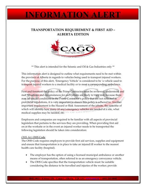 Transportation Requirement & First Aid AB Edition - Canadian ...