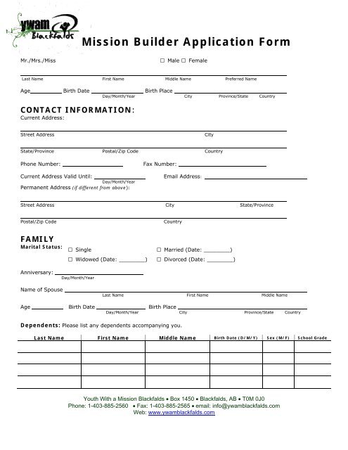 Mission Builder Application Form - YWAM Blackfalds