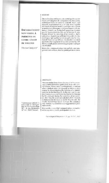 encouragement non-verbal Ã participer en cours : l'effet du toucher