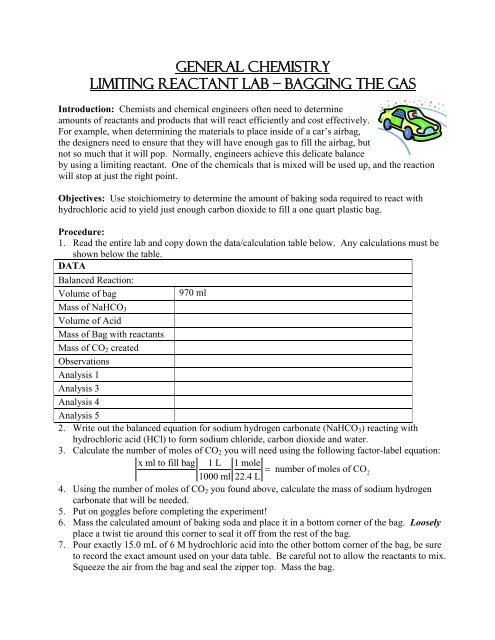 Limiting Reactants Bagging the Gas