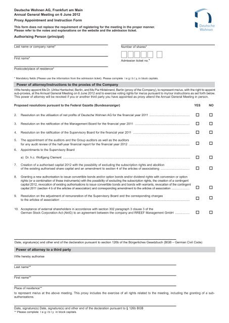 Proxy Appointment and Instruction Form - Deutsche Wohnen