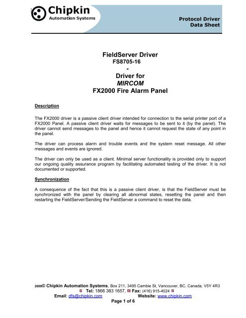 FieldServer Driver - Driver for MIRCOM FX2000 Fire Alarm Panel