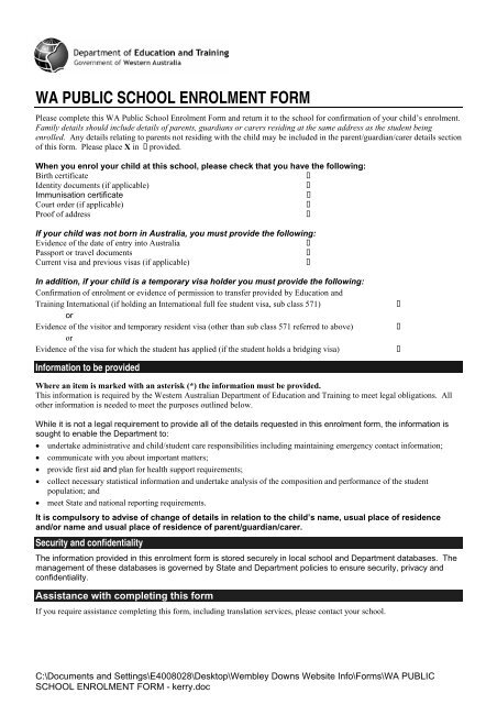 Enrolment Form - Wembley Downs Primary School