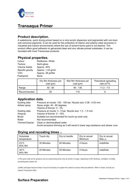 Product Data Sheet Transaqua Primer - Transocean Coatings