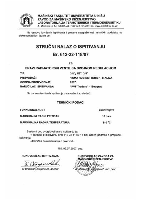 Atest radijatorski ventil - PVF Traders