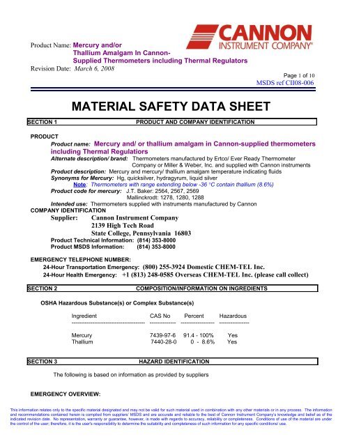 MATERIAL SAFETY DATA SHEET - Cannon Instrument Company