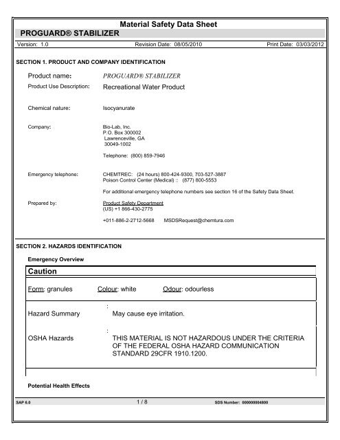 Material Safety Data Sheet PROGUARD® STABILIZER Caution