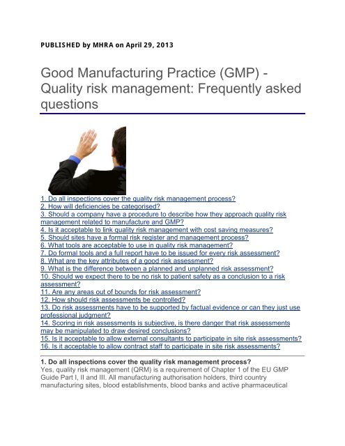Good Manufacturing Practice (GMP) - Quality risk management ...