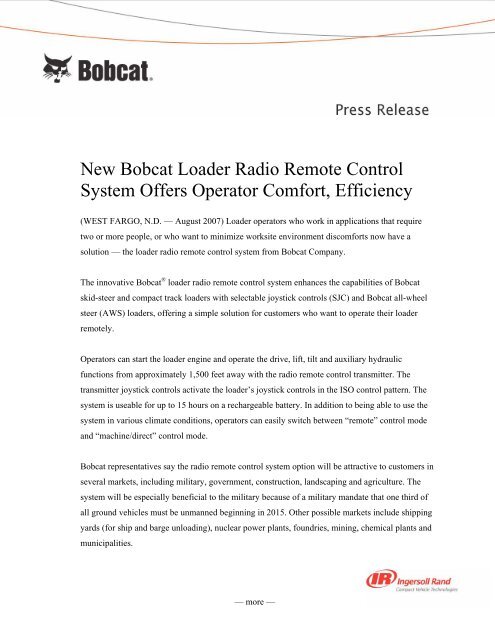 New Bobcat Loader Radio Remote Control System Offers Operator ...
